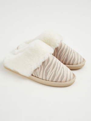 Suede Effect Zebra Faux Fur Trim Mule Slippers | Lingerie | George at ASDA