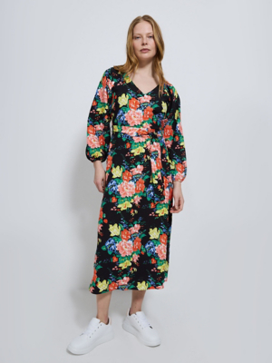 Floral V Neck Long Sleeve Belted Midi Dress | Women | George at ASDA