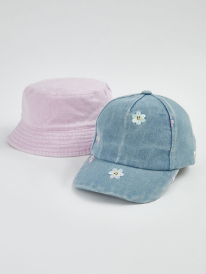Smiley Flower Denim Cap and Pink Bucket Hat Set | Kids | George at ASDA