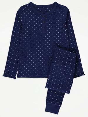 Navy Ribbed Spot Button Neck Long Sleeve Pyjamas | Kids | George at ASDA