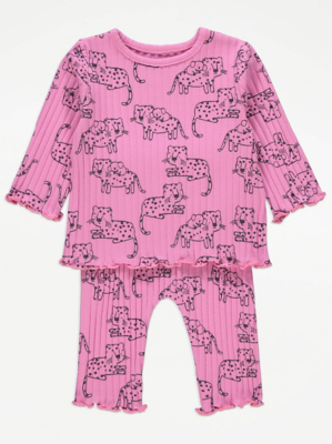Bright Pink Ribbed Leopard Top and Trousers Outfit | Baby | George at ASDA