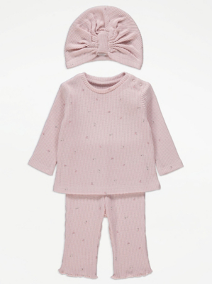 Pink Flower Turban Hat Top and Trousers 3 Piece Set | Baby | George at ASDA