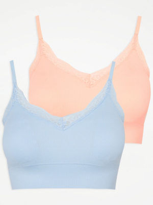 Coral/Light Blue Lace Trim V Neck Soft and Comfy Seam Free Bras 2 Pack ...