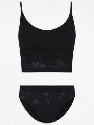 Black Floral Lace Bralette and Knickers Set | Lingerie | George at ASDA
