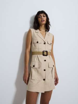 Stone Linen Blend Sleeveless Belted Utility Mini Dress | Women | George ...