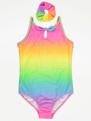 Neon Rainbow Plaited Swimsuit and Scrunchie Set | Kids | George at ASDA