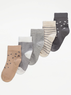 Neutral Patterned Cotton Rich Ankle Socks 5 Pack | Kids | George at ASDA