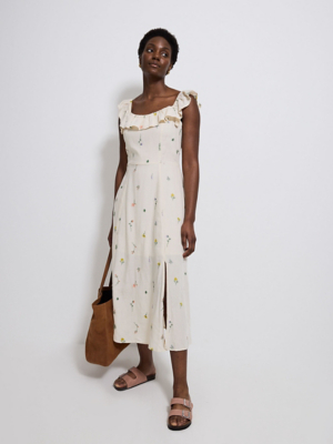 Cream Flower Embroidery Ruffle Midi Dress | Women | George at ASDA