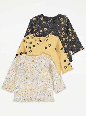 Assorted Daisy Dot Rib Long Sleeve Tops 3 Pack | Baby | George at ASDA