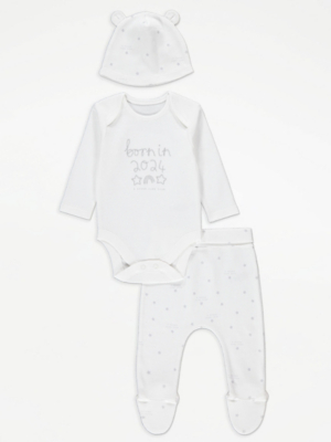 White Born In 2024 Bodysuit Leggings and Hat Outfit | Baby | George at ASDA