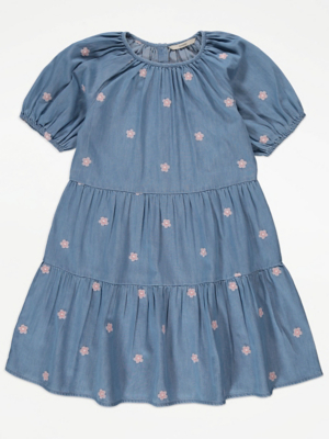 Blue Denim Floral Puff Sleeve Tiered Dress | Kids | George at ASDA