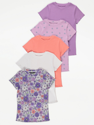 Purple Ditsy Floral Rib T-Shirts 5 Pack | Kids | George at ASDA
