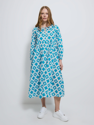 Blue Geometric Patterned Long Sleeve Midi Dress | Women | George at ASDA