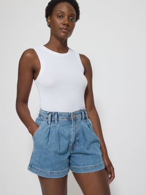 Mid Wash Pleated Denim Shorts With Stretch | Women | George at ASDA