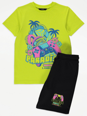 Bright Green Gamer Graphic T-Shirt and Shorts Outfit | Kids | George at ...