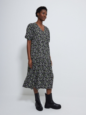 Black Floral V Neck Midi Dress | Women | George at ASDA