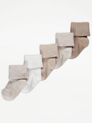 Neutral Ribbed Fold Over Socks 5 Pack | Baby | George at ASDA