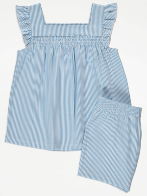 Blue Stripe Smock Frill Sleeve Short Pyjamas | Kids | George at ASDA