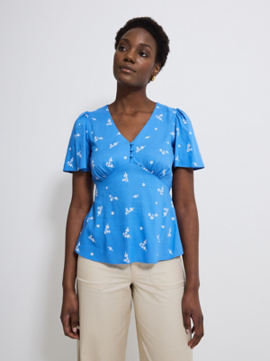 Blue Floral V Neck Angel Sleeve Blouse | Women | George at ASDA