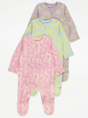 Bright Animal Ribbed Long Sleeve Zip Sleepsuits 3 Pack | Baby | George ...
