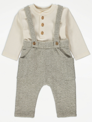 Cream Ribbed Bodysuit and Twill Dungarees Outfit | Baby | George at ASDA