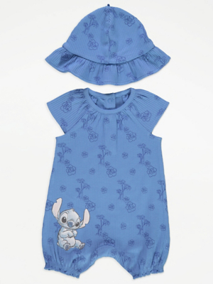 Disney Lilo and Stitch Blue Ribbed Romper and Sunhat Outfit | Baby ...