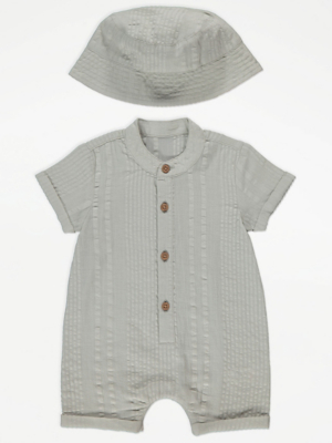 Sage Woven Stripe Romper and Hat Outfit | Baby | George at ASDA