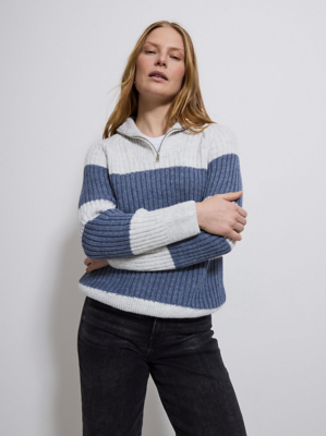 Blue Striped Cable Knit Quarter Zip Jumper | Women | George at ASDA