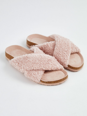 Pink Borg Slider Footbed Slippers | Lingerie | George at ASDA