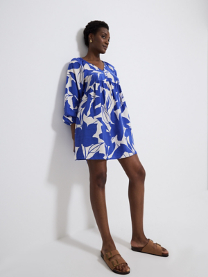 Blue Leaf Print V Neck Long Sleeve Dress | Women | George at ASDA