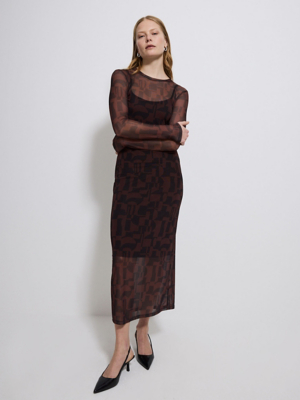 Brown Geometric Long Sleeve Mesh Dress | Women | George at ASDA