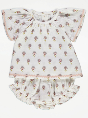 Cream Floral Cheesecloth Top and Bloomers Outfit | Baby | George at ASDA