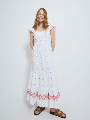 White Embroidered Frill Shoulder Tiered Midi Sundress | Women | George ...