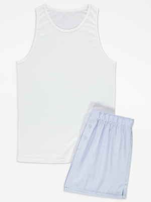 Blue Woven Stripe Short Vest Pyjamas | Men | George at ASDA