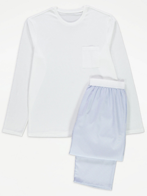 Blue Woven Stripe Long Sleeve Pyjamas | Men | George at ASDA