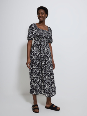 Black Floral Shirred Midi Dress | Women | George at ASDA