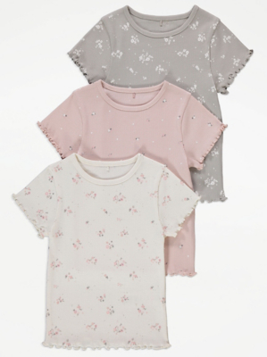 Neutral Floral Ribbed Lettuce Edge T-Shirts 3 Pack | Kids | George at ASDA