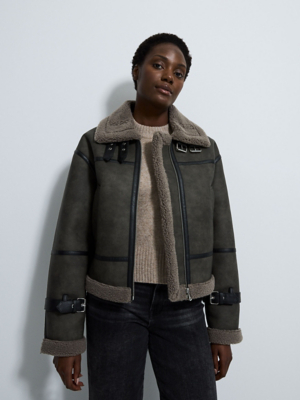 Grey Faux Leather Borg Lined Buckle Aviator Jacket | Women | George at ASDA