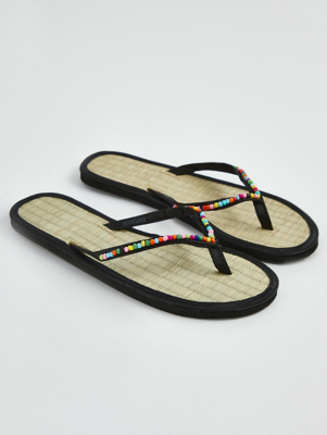 Black Raffia Bead Flip Flops | Women | George at ASDA