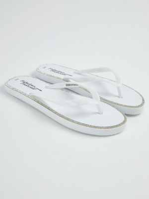 White Diamante Trim Flip Flops | Women | George at ASDA