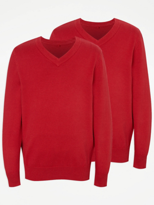 Red Cotton Rich V Neck School Jumper 2 Pack | School | George at ASDA
