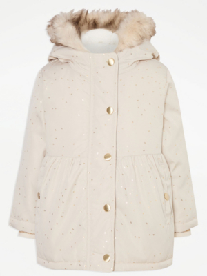Cream Foil Heart Faux Fur Trim Padded Longline Coat | Kids | George at ASDA