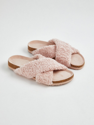 Pink Borg Slider Footbed Slippers | Lingerie | George at ASDA