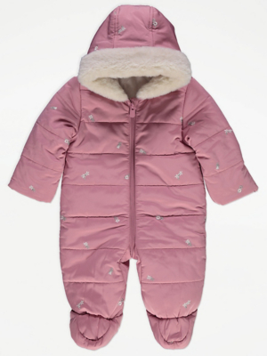 Pink Embroidered Faux Fur Trim Padded Snowsuit | Baby | George at ASDA