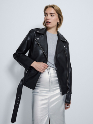 Black Faux Leather Oversized Biker Jacket | Women | George at ASDA