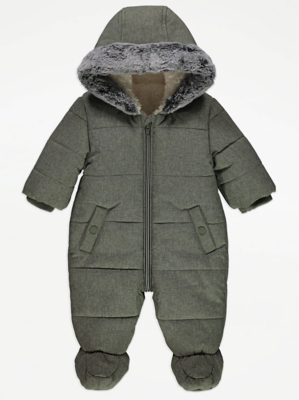 Khaki Faux Fur Trim Padded Snowsuit | Baby | George at ASDA