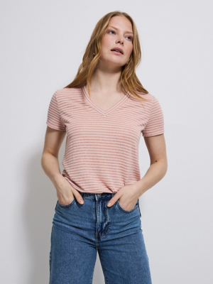 Pink Stripe Knitted Jersey Short Sleeve Top | Women | George at ASDA