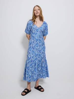 Blue Paisley V Neck Puff Sleeve Dress | Women | George at ASDA
