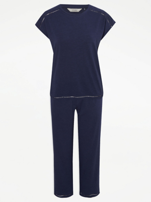 Navy Broderie Trim Short Sleeve Cropped Pyjamas | Lingerie | George at ASDA