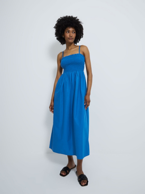 Blue Shirred Poplin Midi Sundress | Women | George at ASDA